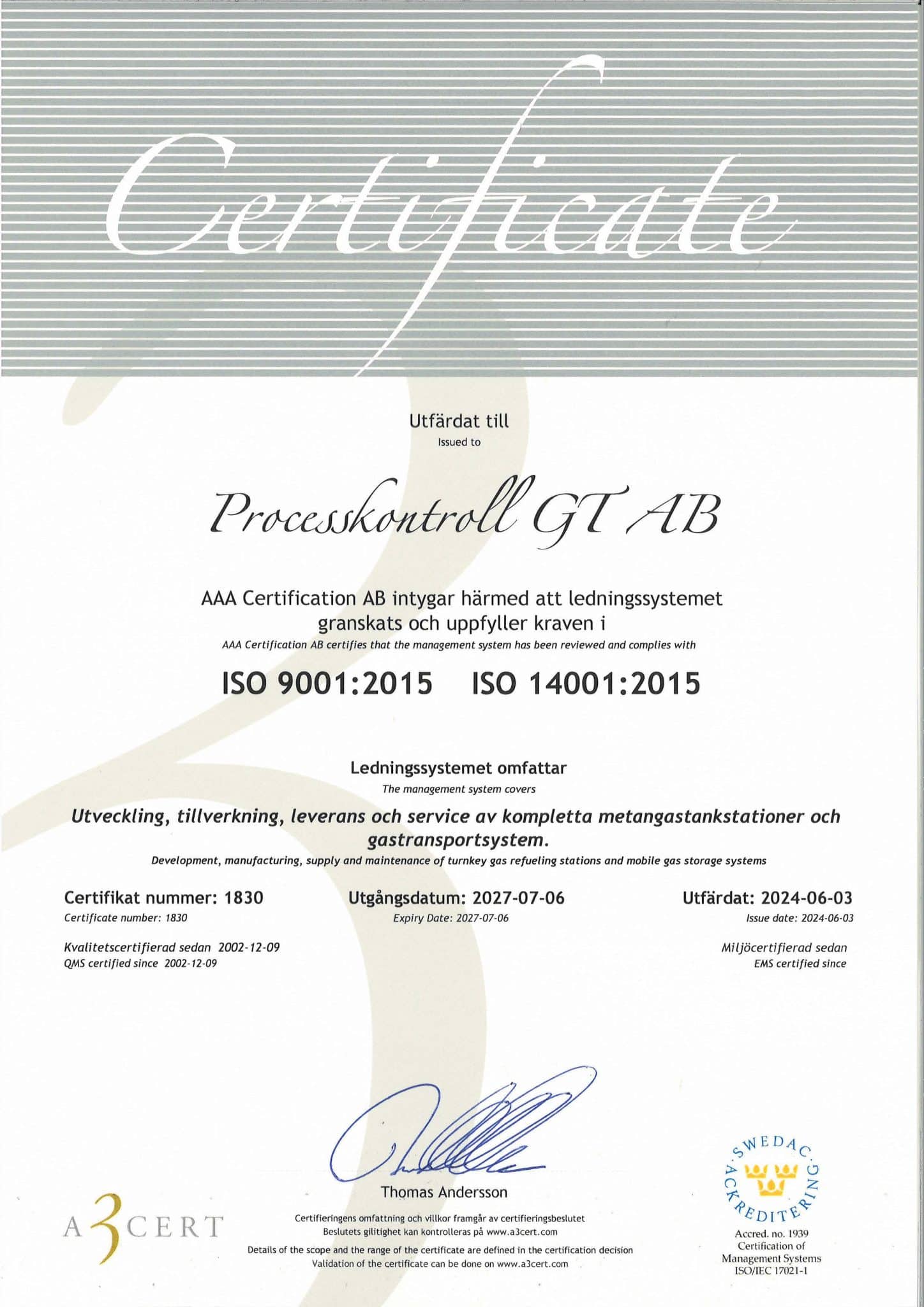 Omcertifiering enligt ISO 9001:2015 och ISO 14001:2015 - Processkontroll GT